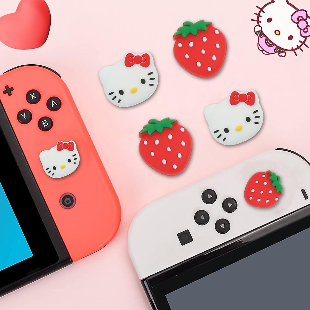 PERFECTSIGHT Switch Thumb Grips Caps, Cute Kitty Joystick Caps for Nintendo Switch/Lite/Switch OLED, 4 PCS Thumbstick Cover, Analog Stick Button Cover for NS Joycon Controller Accessories,Strawberry