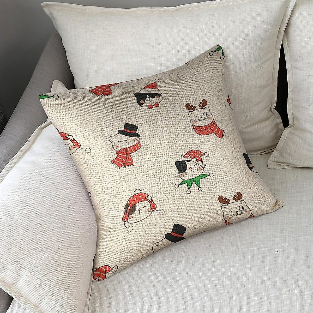 Happy Face Cats Christmas Throw Pillow Covers 18×18 Pillowcases Set of 2 Winter Doodles Linen Decorative Square Pillow Case Cushion Covers Standard Size for Sofa Couch Outdoor Bed Pillow Protectors