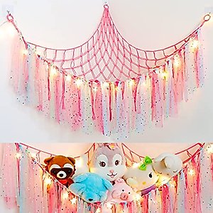 Dremisland Stuffed Animals Storage with Fairy Lights Toy Hammock Hanging Stuffed Animal Storage Organizer Holder with Lace Tassels for Nursery Play Room, Kids Bedroom (Pink)