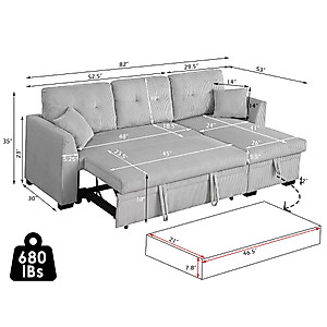 BEEY Small Sleeper Sofa, 82" Convertible L Shaped Couch with Pull Out Bed and Storage Chaise, Corduroy Sectional Sofa Bed for Bedroom, Living Room, Apartment, Light Grey