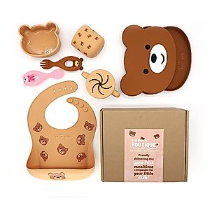 THE BABY BOUTIQUE Baby Led Weaning Supplies - 7 PCS Teddy Bear Silicone Baby Feeding Set : Suction bowl, Baby utensils, Plate, Bib, Snack cup and Drinking cup - Perfect Complement for Nutribullet Baby