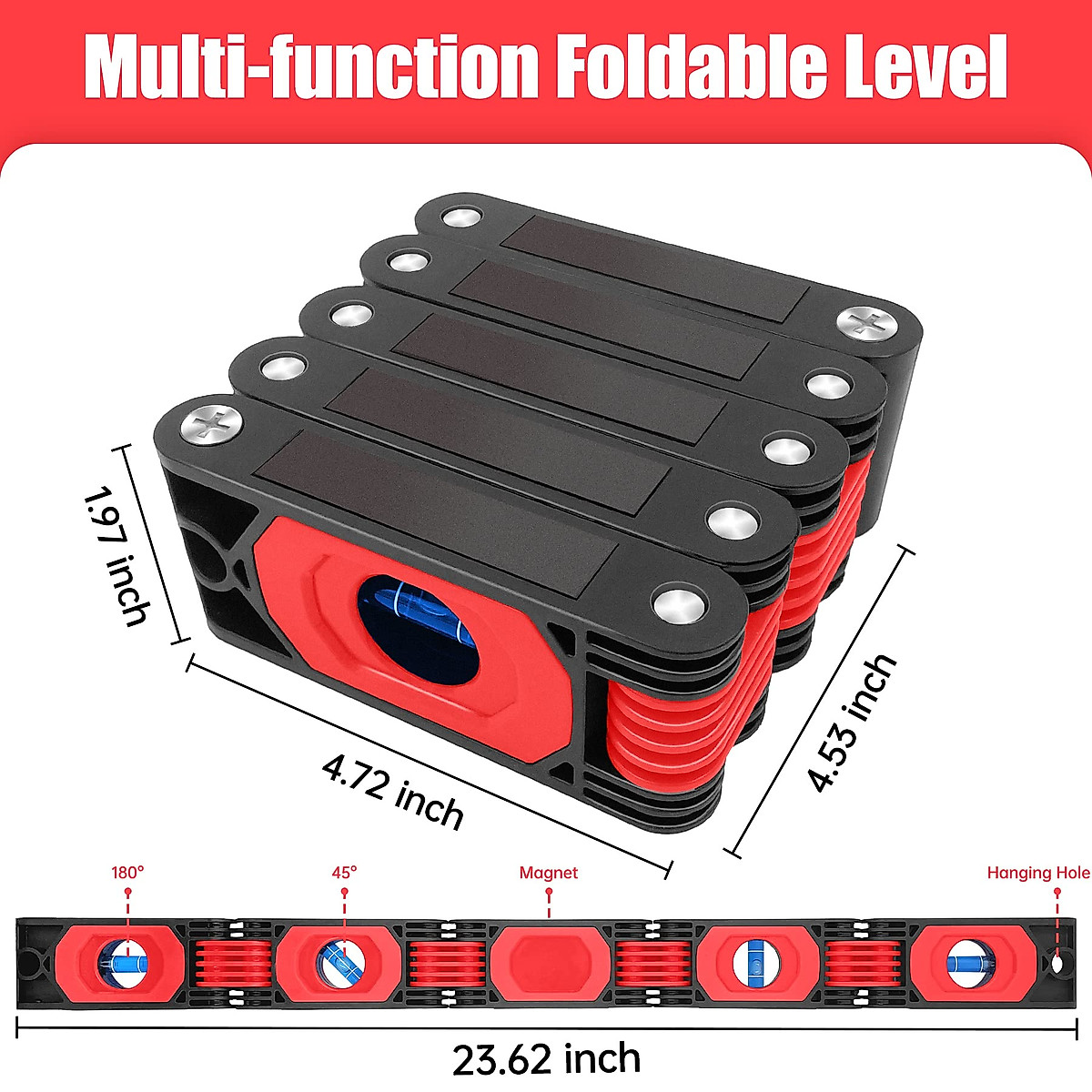 Multi-function Foldable Level Tool - 28 Inches Multi-Angle Measuring Tool with 4 Level Bubbles, 180/90/45-Degree Bubbles for Measurement Woodworking, Fabricators, Carpenters