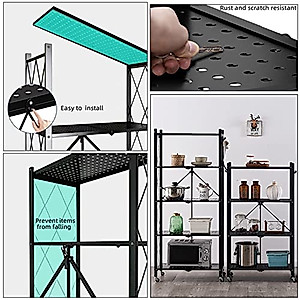 BRIGHTSHOW 4-Tier Storage Shelves, Collapsible Metal Shelf Organizer for Garage/Pantry/Kitchen/Sunroom Foldable Shelving Unit Heavy Duty Wire Shelving Show Rack with Wheels Moving Easily (4 Shelf)