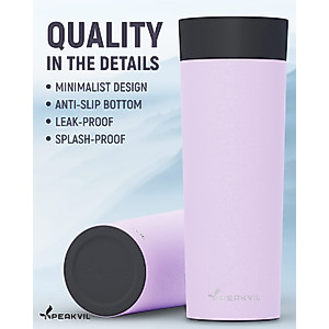 16 Oz Insulated Coffee Mug with Push Button Lid - Leakproof Reusable Travel Thermos Water Bottle - Stainless Steel Tumbler Cup for Coffee, Water, Tea - 12 Hours Cold & 5 Hours Hot - by Peakvil