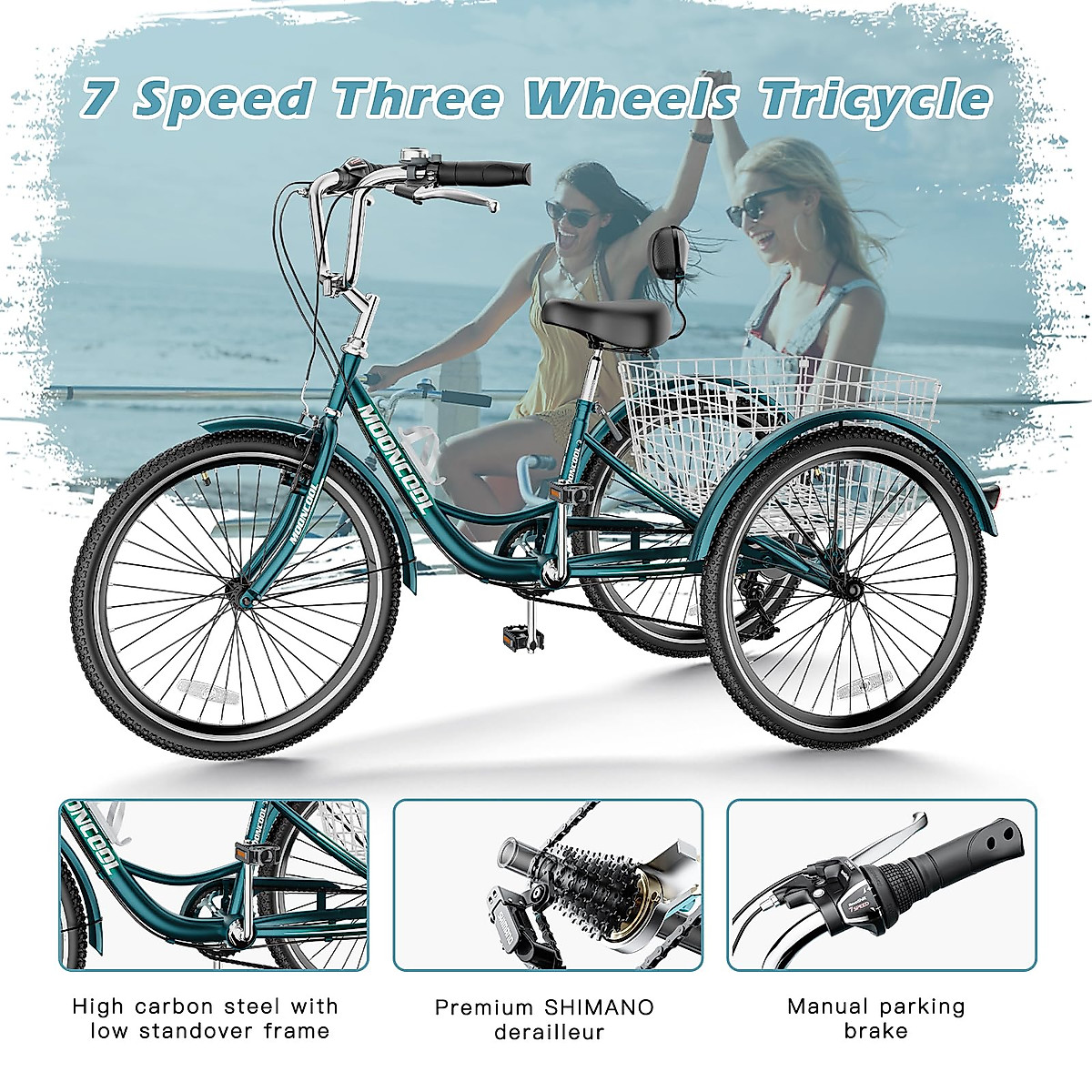 NAIZEA Adult Tricycle, 7 Speed Three Wheel Cruiser Bike, 20/24/26 inch Adult Trikes 3 Wheel Bikes with Large Basket for Seniors, Adults, Women, Men, Multiple Colors