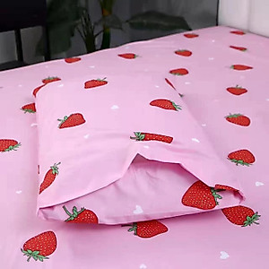 SDY 4PCS Strawberry Bedding Sheets,Queen Size Red and Pink Strawberry Print Sheet Set with 1 Kawaii Top Flat Sheet + 1 Deep Pocket Fitted Sheet + 2 Pillowcases for Teen Girls