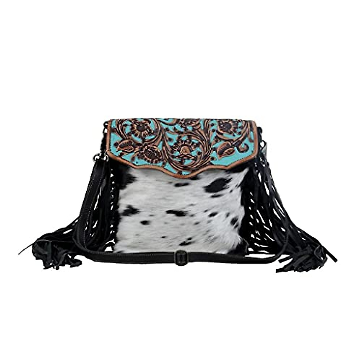 Myra Bag Aqua Hand-Tooled Bag Upcycled Cotton & Cowhide Leather S-2856