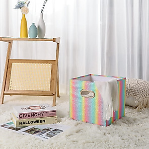 ANMINY 4 PCS Glitter Storage Cubes Shiny Sparkly Foldable Storage Basket Bin Box Set with Handles Collapsible Decorative Large Fabric Desktop Closet Shelf Organizer Container - 11x 11x 11 in, Silver