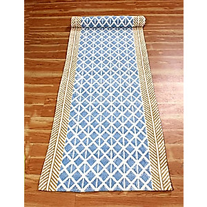 Casavani Indian Handmade Cotton Dhurrie Striped Blue & Brown Area Rug Boho Kilim Flat Weave Rug Indoor Hall Room Decor Carpet Throw Rugs for Bedroom Living Room Bathroom Balcony 8x10 Feet