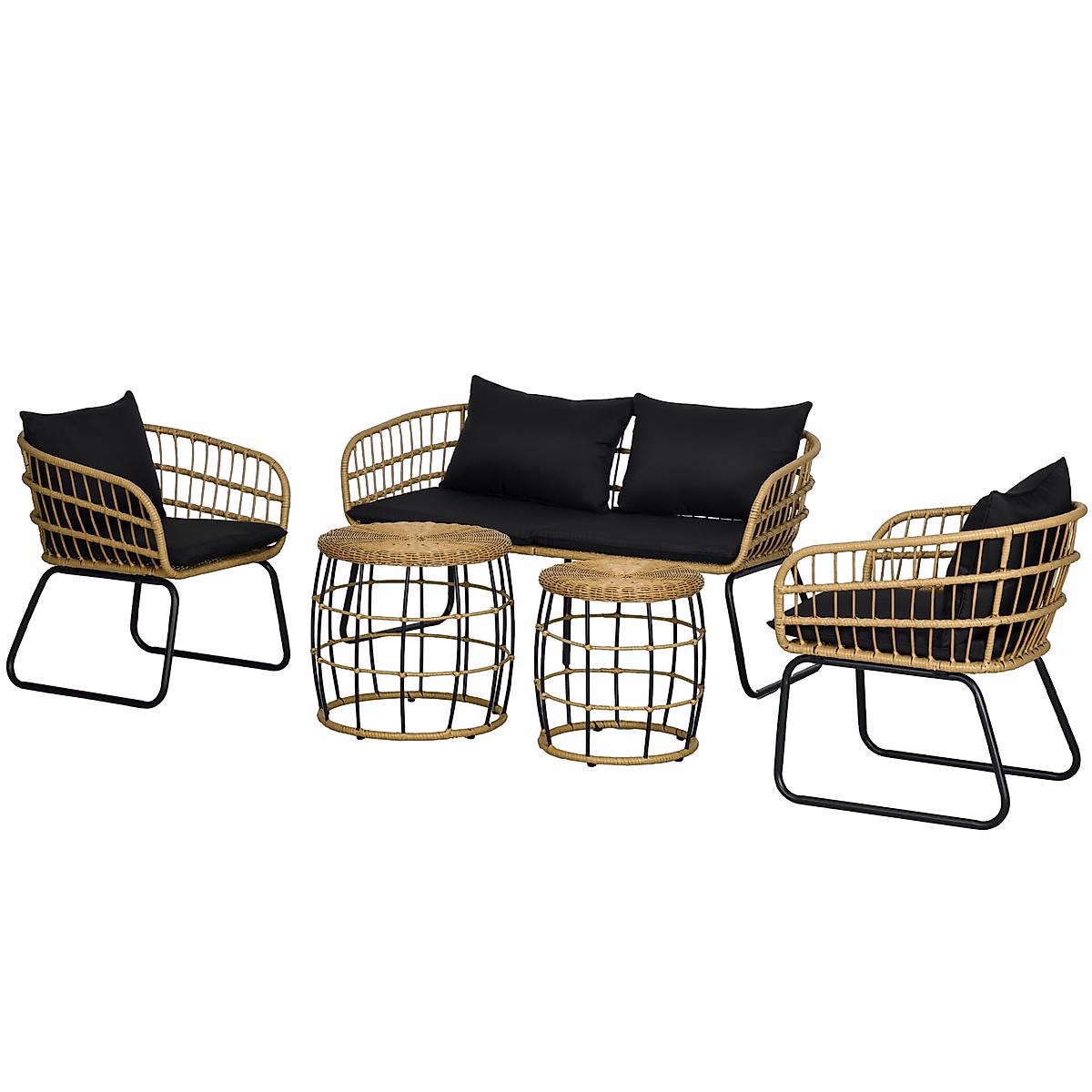 Outsunny 5 Piece PE Rattan Outdoor Furniture Set with Cushioned Chairs & Loveseat Sofa, Patio Sectional Furniture Set, Conversation Sofa Set with Stackable Coffee Tables, Black