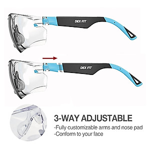 DEX FIT Safety Glasses SG210, Z87 Eye Protection, Anti-Fog & Scratch Resistant, Adjustable for Women and Men, UV Protection (Black & Blue Frame, Clear Lens)