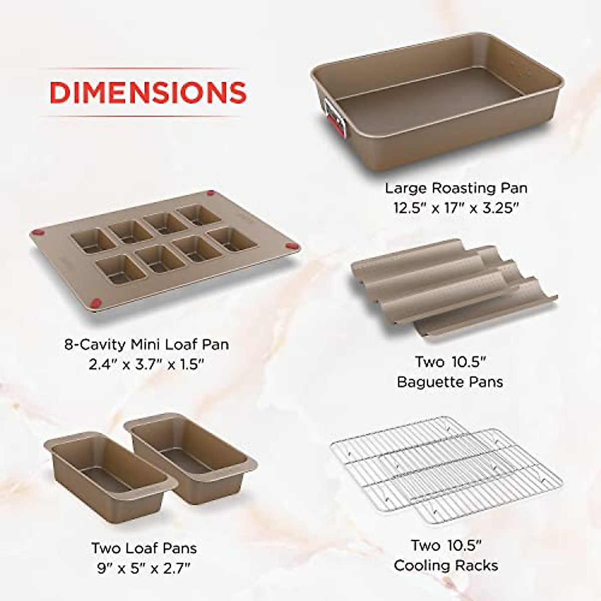 Elbee Home 8-Piece Nonstick Space Saving Bread Baking Pan Set - Includes Large Roasting Pan - Bread Loaf Pan - Baguette Pan - Cooling Rack - 8-Cavity Mini Loaf Pan Aluminized Steel - PFOA & PFOS Free