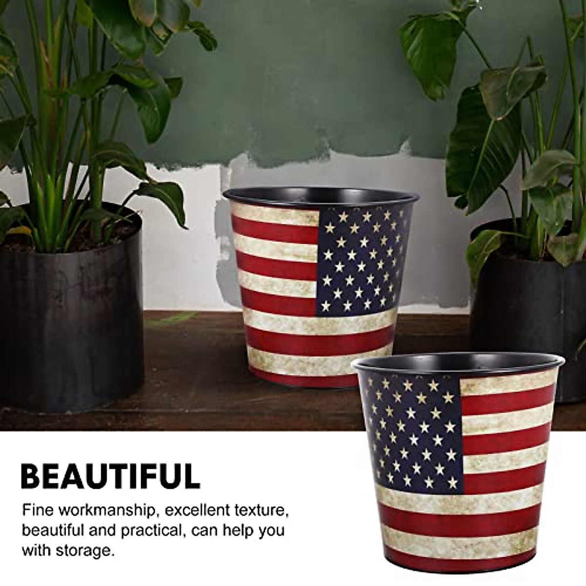 Happyyami American Flag Printed Metal Trash Can Vintage Garbage Bin Reusable Round Bedroom Rubbish Can Retro Kitchen Wastebasket for Farmhouse Home Office