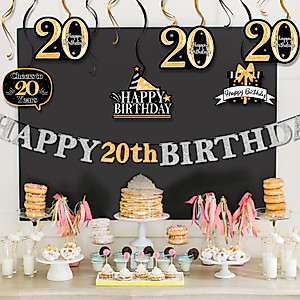 AERZETIX Happy 20th Birthday Decorations Set,12Pcs 20th Birthday Gold Glitter Swirls Streamers,Happy 20th Birthday Bunting Banner,Cheers to Twenty Years Old Bday Party Decorations.[Pre-Strung]