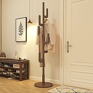 KASLANDI Coat Rack,Unique Design Cactus Coat Rack Freestanding，FAS Grade Rubber Wood,Adjustable Height Wooden Coat Rack Stand with 6 Hooks, Coat Tree Easy to Assemble (Walnut)