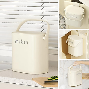 MRBIN Compost Bin Countertop and Hanging Kitchen Trash Can with Lid, Small Metal Dustbin for Food Waste Recycle Indoor, White