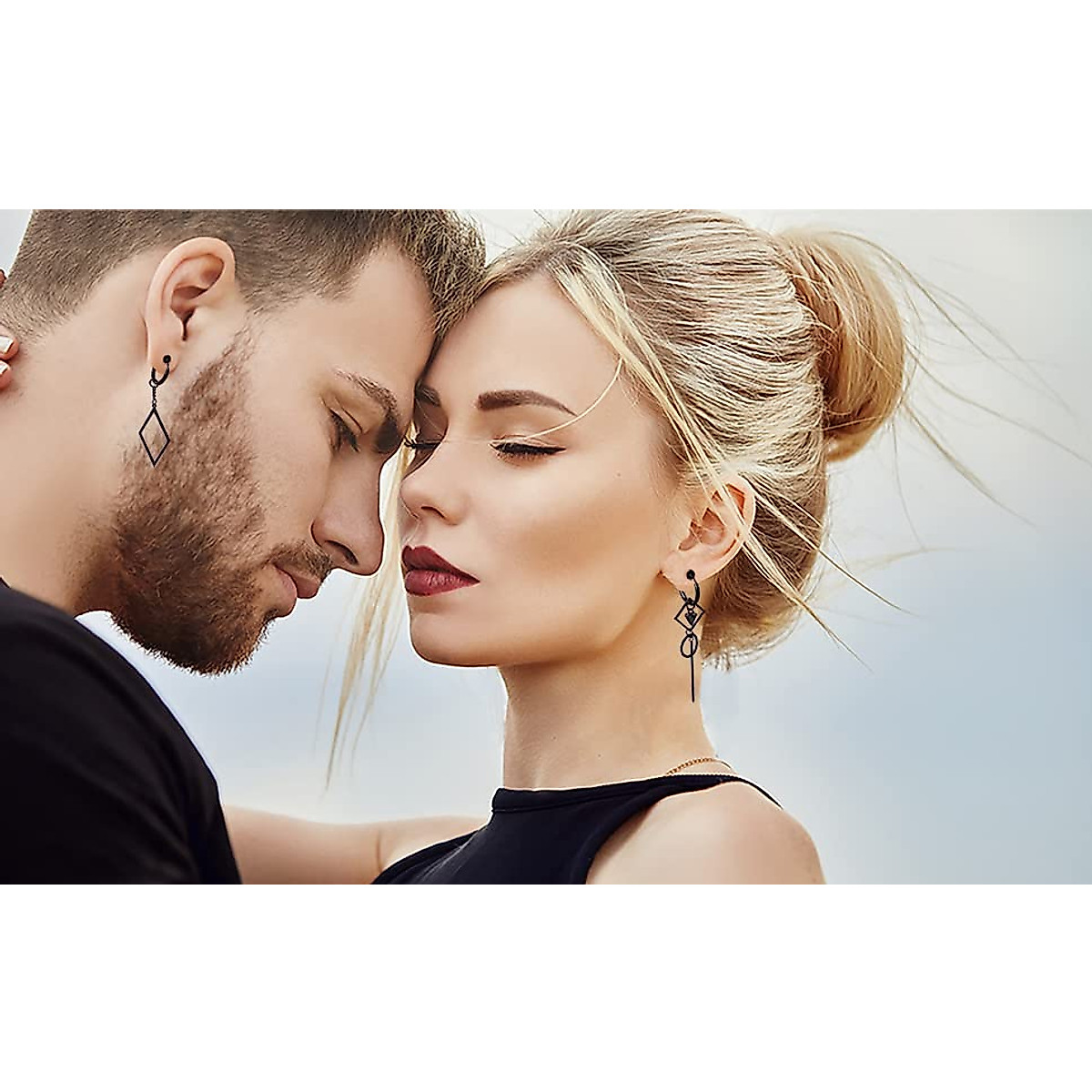 EFORPAD 5Pcs Clip On Earrings Non Piercing Fake Earrings Hoop Dangle Earrings for Men Women Stainless Steel Dangle Hoop Earrings Long Chain Pendant Earrings (Black)