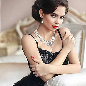 EleQueen Women's Silver-Tone Ivory Simulated Pearl Crystal Victorian Style Statement Necklace Earrings Bridal Wedding Sets