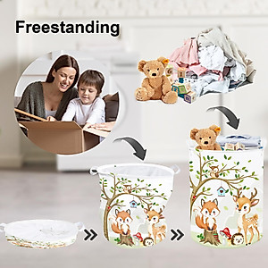 Clastyle 45L Large Forest Animal Kid Laundry Hamper with Handle for Boy Girl Collapsible White Fox Clothes Toy Storage Basket with Lid for Nursery