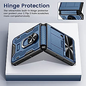 VEGO for Galaxy Z Flip 3 5G Case with Stand, Slide Camera Cover Hinge Protection 360°Rotate Ring Magnetic Kickstand Military Grade Heavy Duty Protection Armor Case for Samsung Z Flip 3 -Dark Blue