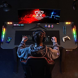 Gaming Desk with LED Lights & APP Control, 48" x 24" Gaming Table with Music Sensing, Underdesk Cable Storage Electric Standing Desk, Black Carbon Fiber PC Desk for Gaming and Home Office