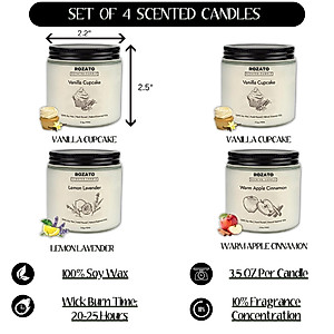 ROZATO Set of 4 Scented Jar Candles, Aromatherapy Candles Clearance for Home Scented, Long-Lasting 100% Soy Wax Candle Gifts for Women Her Mom Housewarming, Lavender Vanilla Apple Cinnamon Scents