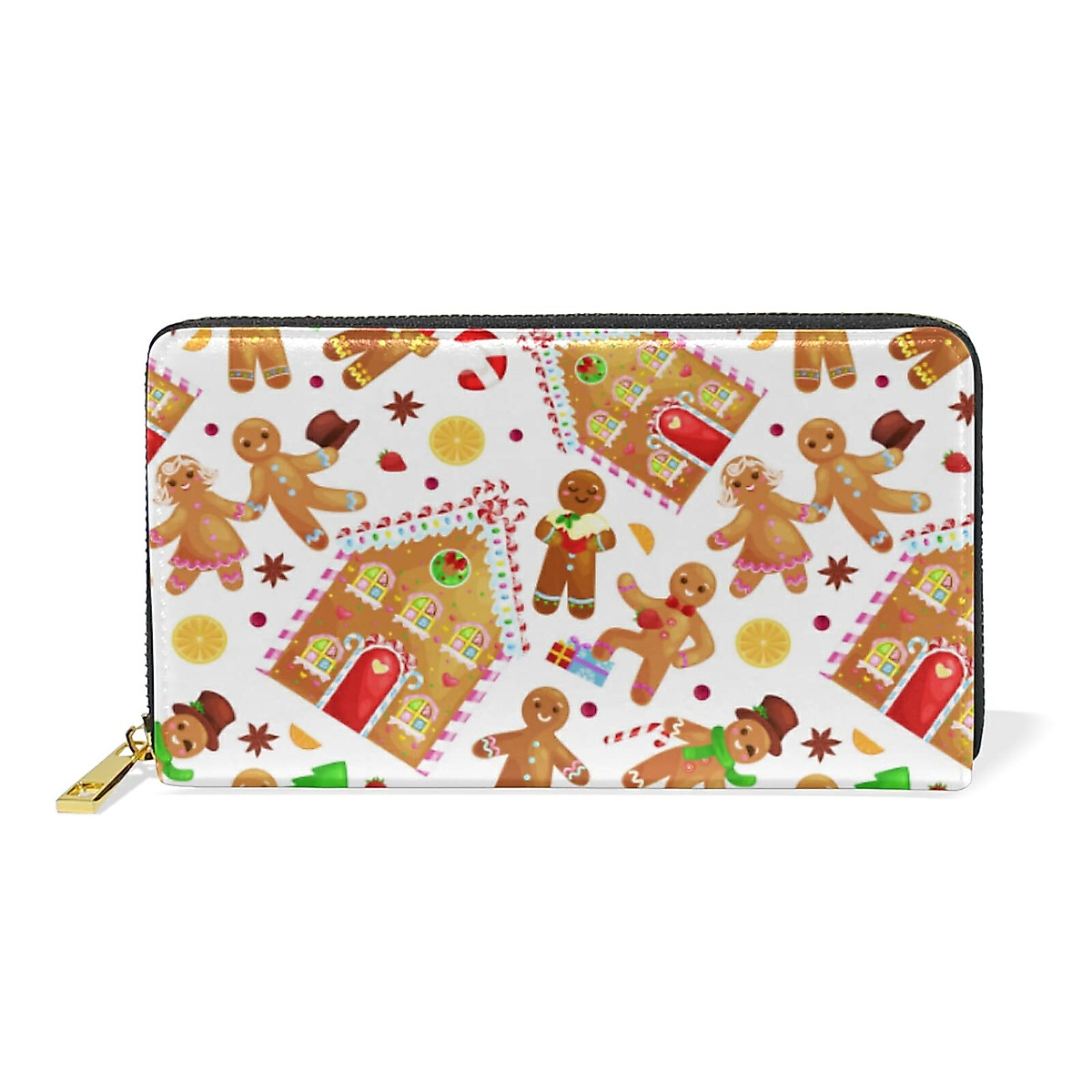 Christmas Cookies Gingerbread Man and Girl Near Sweet House Leather Long Wallet Organizer with Zipper Purse Clutch Bag for Women Men