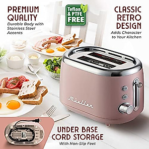Mueller Retro Toaster 2 Slice with 7 Browning Levels and 3 Functions: Reheat, Defrost & Cancel, Stainless Steel Features, Removable Crumb Tray, Under Base Cord Storage, Pink