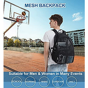 Heavy Duty Mesh Backpack for Adults, 22L Mesh Backpack for School, See Through Black Mesh Bookbag for Boys Girls with Comfort Padded Straps for School, Beach, Swimming, Fitness, Sports(Black)