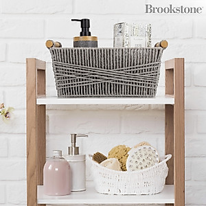 BROOKSTONE, [2 PIECE SET] Wicker Storage Basket with Crafted Wood Handles, Organization and Storage Container, Decorative Shelf Bin, Over the Toilet Paper Reserve, Suitable for Any Home Décor Style