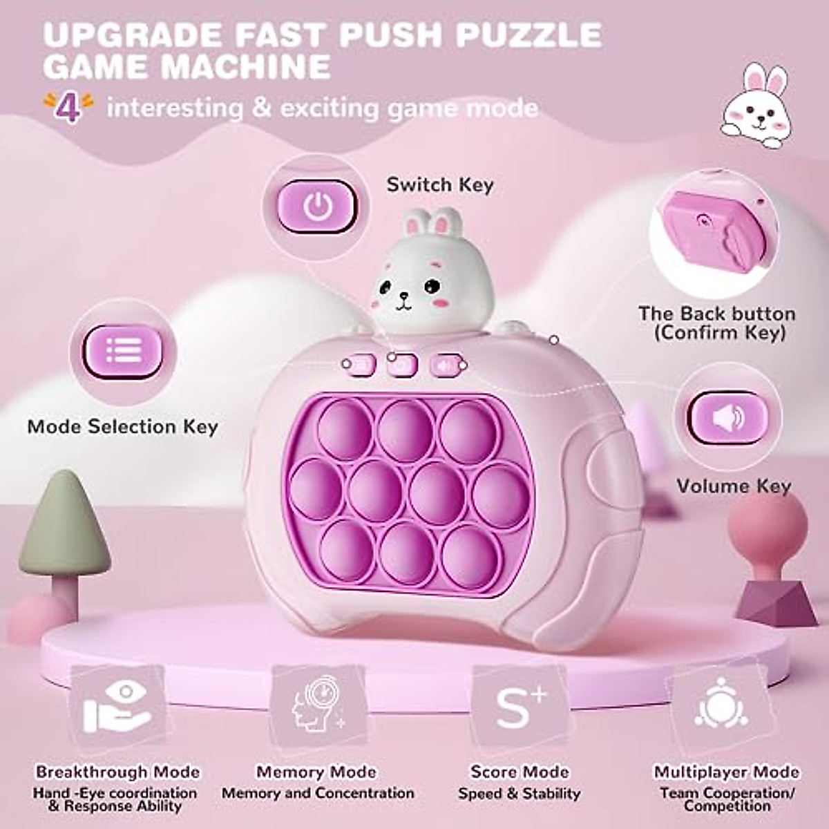 Ideashop Pop Fidget Game for Kids Adult, Handheld Quick Push Bubble Toy Light Up Game, 4 Modes, More Challenging Travel Portable Puzzle Game Machine, for Kids Birthday Gift (Rabbit)