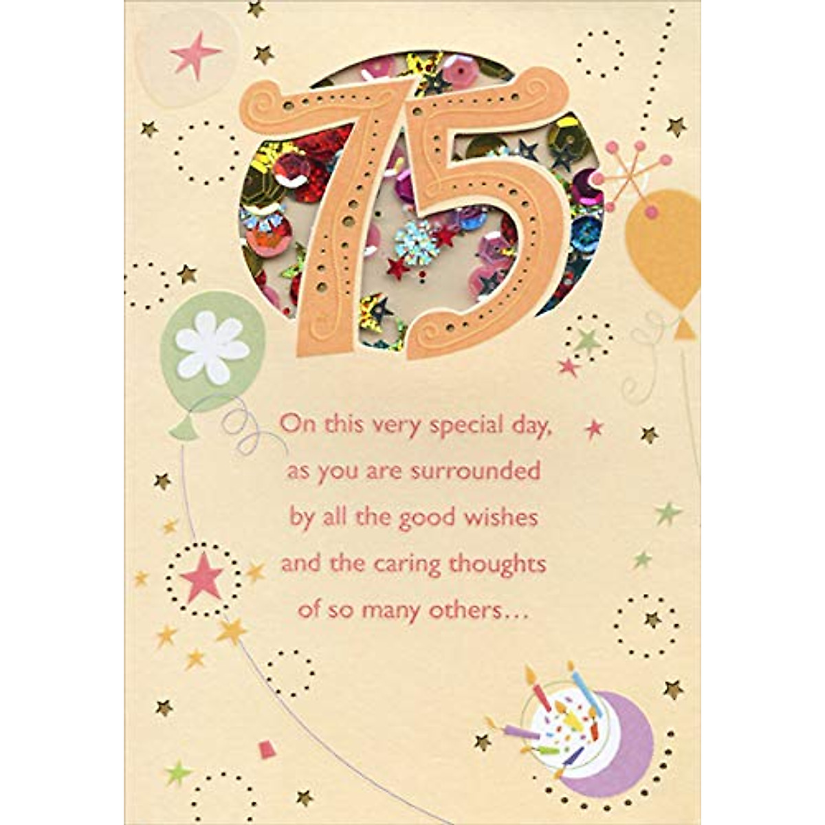 Designer Greetings Very Special Day Sequin Filled Die Cut Window Age 75 / 75th Birthday Card