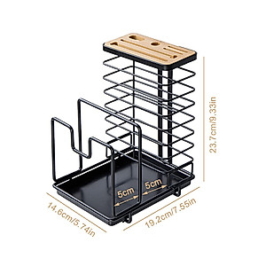 LINFIDITE Knife Block Holder Pot Lid Rack Cutting Board Organizer Holder Drying Rack with Draining Tray Kitchen Countertop Cabinet Pantry Bakeware Cookware Storage Stand Black
