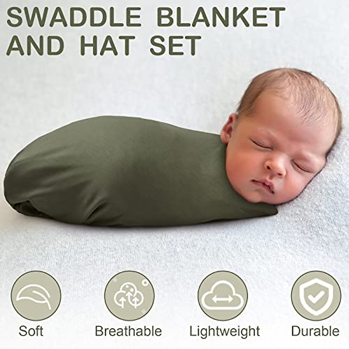 JaGely 2 Pack Baby Newborn Swaddle Blanket and Hat Set Large Stretchy Blankets with Soft Receiving for Boy Girl Essentials, Blue, Army Green, Hat: approx. 38 cm/ 15 inches in circumference