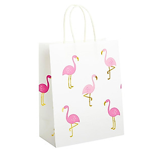 Sparkle and Bash Pink Flamingo Birthday Party Favor Gift Bags, Tropical Decorations (24 Pack)