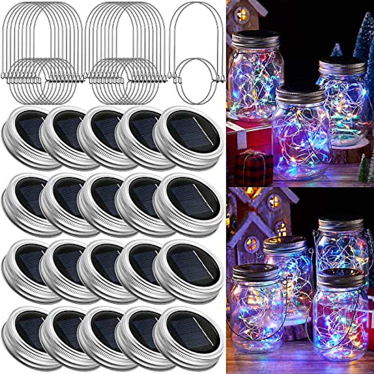 20 Sets Solar Mason Jar Lights 30 LED Fairy Lights with Jar Lid Waterproof Lantern String Lights with 20 Hangers for Outdoor Yard Patio Lawn Garden Wedding Decoration Christmas, Jars Not Included