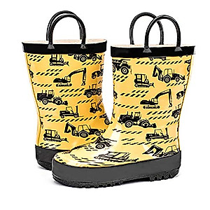 ADAMUMU Toddler Kids Rain Boots Childrens Waterproof Rubber Shoes with Easy-On Handles Lightweight in Cartoon Patterns for Boys & Girls A-Yellow