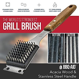 BBQ-Aid Grill Brush and Scraper for Barbecue – Grill Brush for Outdoor Grill with Extended, Large Wooden Handle and Replaceable Stainless Steel Bristles Head –No Scratch- BBQ Grill Brush for Any Grill