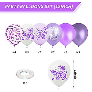 Butterfly Balloons, 12 Inches Butterfly Print Purple and White Latex Balloons Butterfly Patterns for Girls Women Weeding Baby Shower Birthday Party Decorations Activities Graduation