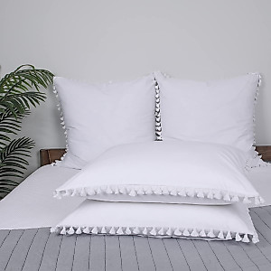 Boho Pillow Shams Set of 2 20x26 White Cotton with Hand-Made Tassel Zipper Closure for Bohemian Countryside Farmhouse Standard Size by JNG Kraftlab