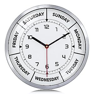 Lafocuse Silent Retirement Clock Day of The Week Wall Clock for Home Decor,Brushed Metal Frame Day Clocks for Seniors 12 Inch Living Room Bedroom Office-Without a Second Hand