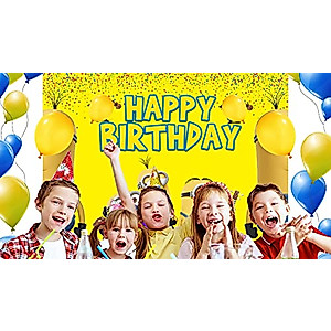 Yellow Happy Birthday Backdrop Cartoon Theme Background for Boys Girls Party Supplies Baby Shower Cake Table Decoration Banner Kids Photography Studio Props 7X5FT