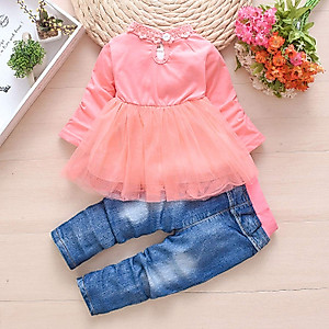 Peacolate 6M-4Years Spring Fall Baby Girls Clothing Set 3pcs Long Sleeve Dress Denim Jacket and Jeans(Pink,6-12Months)