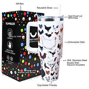 PERRIFIC 30 oz Tumbler with Handle and Straw Lid Leak Proof - Chicken and Rooster Design Coffee Travel Mug with Handle Insulated for Hot Cold Ice - Mother's Day Birthday Gifts for Women Mom Mother