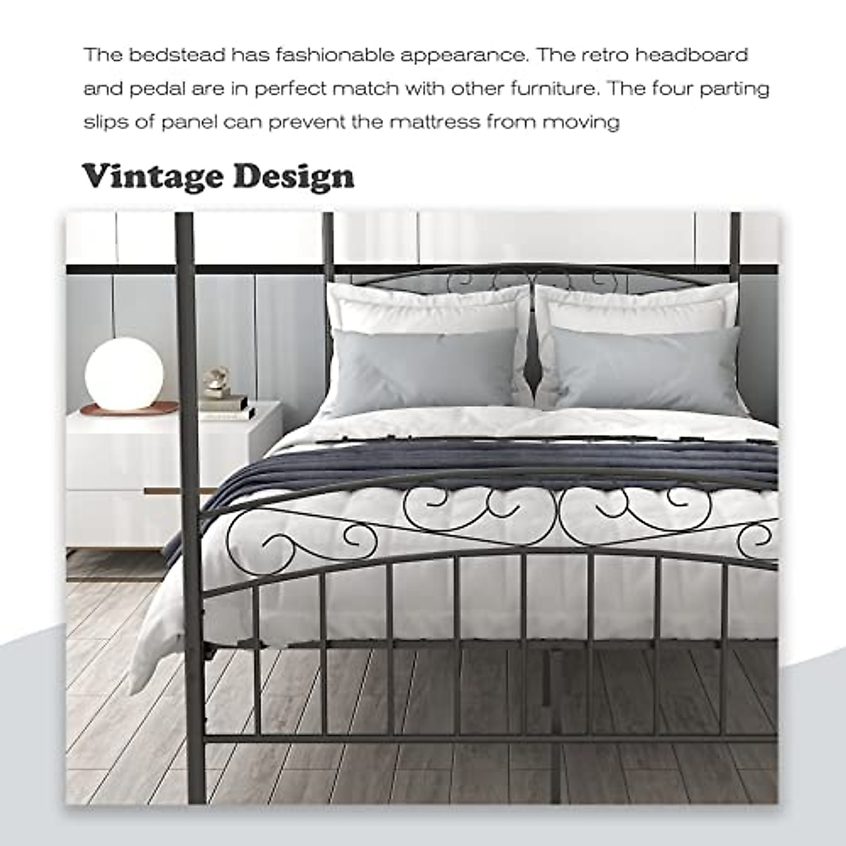 RYR Sturdy Metal Canopy Bed Frame Four-Poster Platform Bed Queen Size with Headboard and Footboard,Metal Slat Support No Noise No Box Spring Required Black