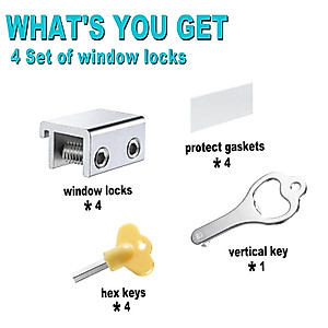 Sliding Window Locks (4 Sets), Security Window Locks with Keys, Adjustable Aluminum Sliding Window Stops, Easy Installation Without Drilling, for Vertical and Horizontal Sliding Windows (Silver)