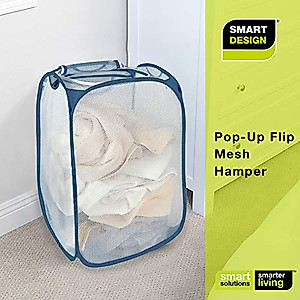 Smart Design Deluxe Collapsible Laundry Baskets – Holds Up to 3 Loads, White/Blue – Pop-Up Laundry Hamper Stands or Lays for Easy Organization and Storage – Laundry Basket Made with Breathable Mesh