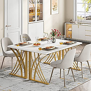 LITTLE TREE 55’’ Large Modern Computer Desk, White & Gold Luxury Laptop PC Student Table, Makeup Vanity Table with Thick Frame & Strong Legs, Sturdy Writing Workstation for Home & Office