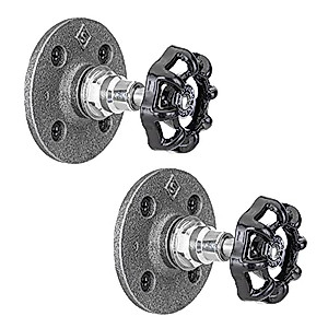 PIPE DECOR Coat Hook Black Industrial Water Spigot Valve Wall Mount with Real Iron Plumbing Flange for Home, Office or Retail Space 2-Pack