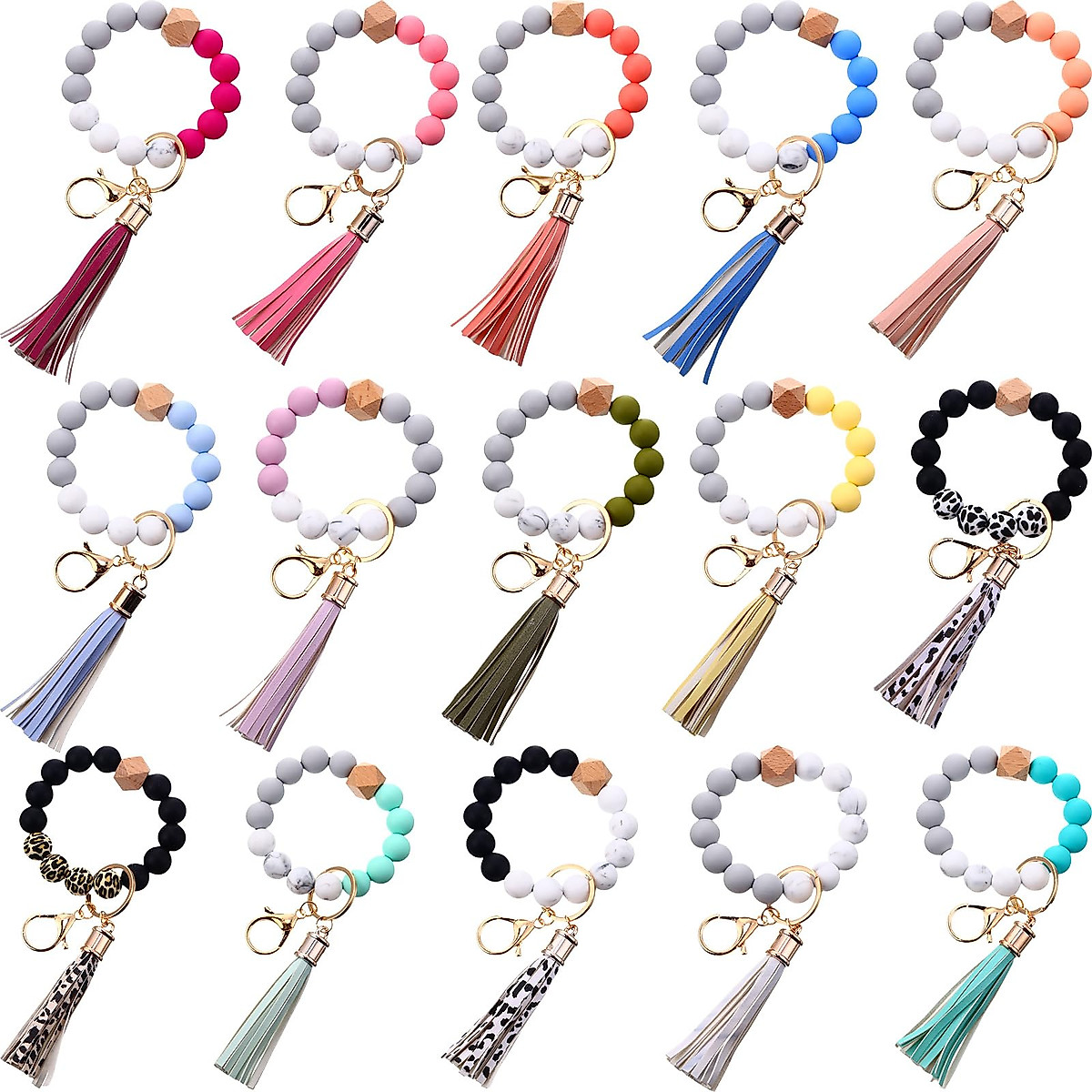 Misdary 15 Pcs Silicone Key Ring Bracelet Women Portable Key Chains Beaded Car Keys Keychain Wristlet Holder Bangle Chain with Tassel for Women